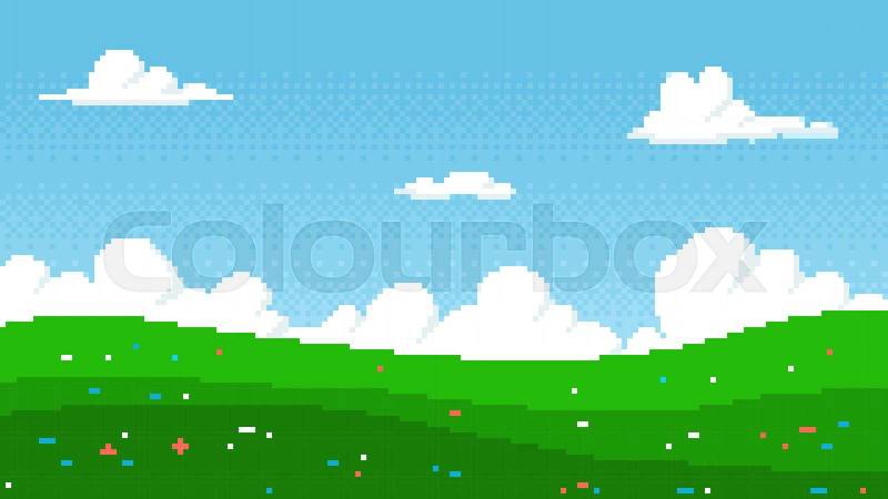 Pixel art lawn game background. Green grass, blue sky and cl | Colourbox