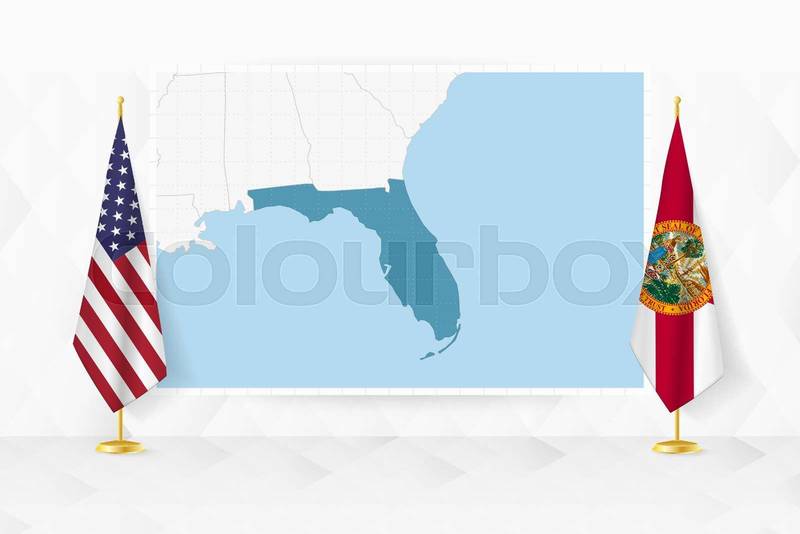 Map of Florida and flags of Florida on flag stand. Vector il | Colourbox